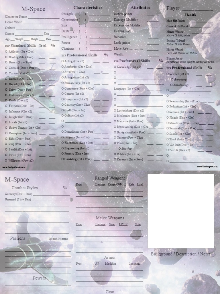 M-SPACE - Character Sheet Simplified Layered Background 2-Page | PDF ...
