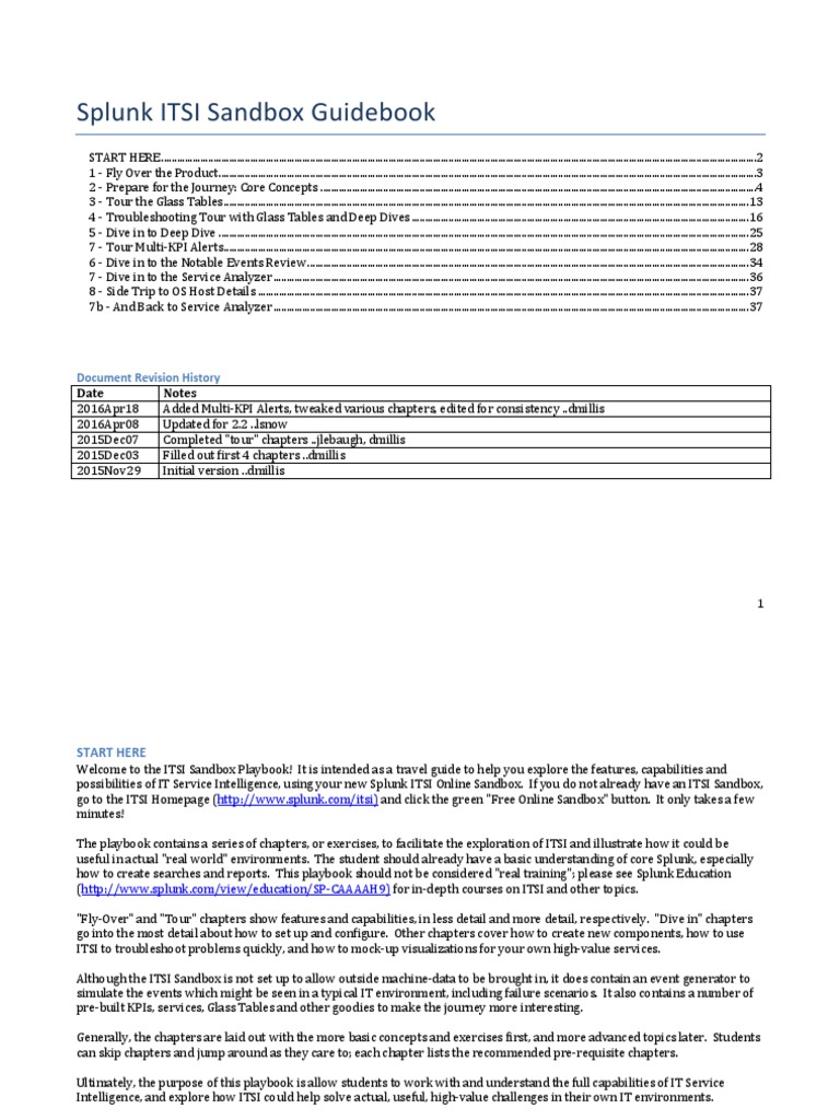 Splunk ITSI Sandbox Guidebook: Document Revision History | PDF | Performance Indicator | Domain ...