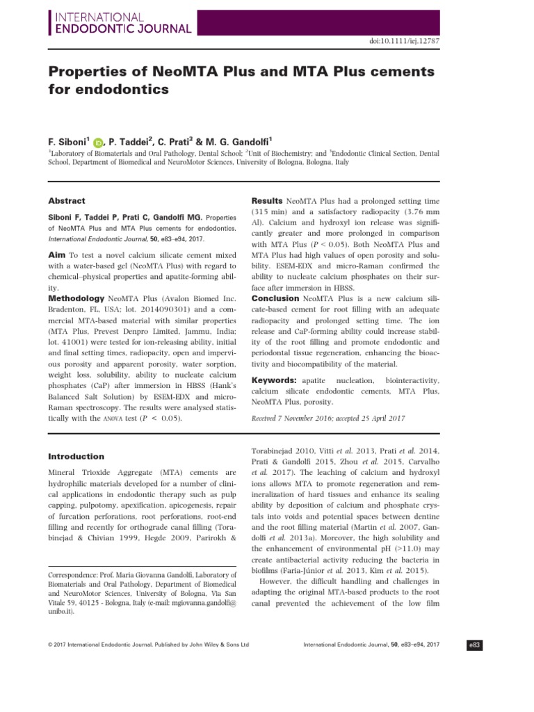 Properties of Neomta Plus and Mta Plus Cements For Endodontics | PDF ...