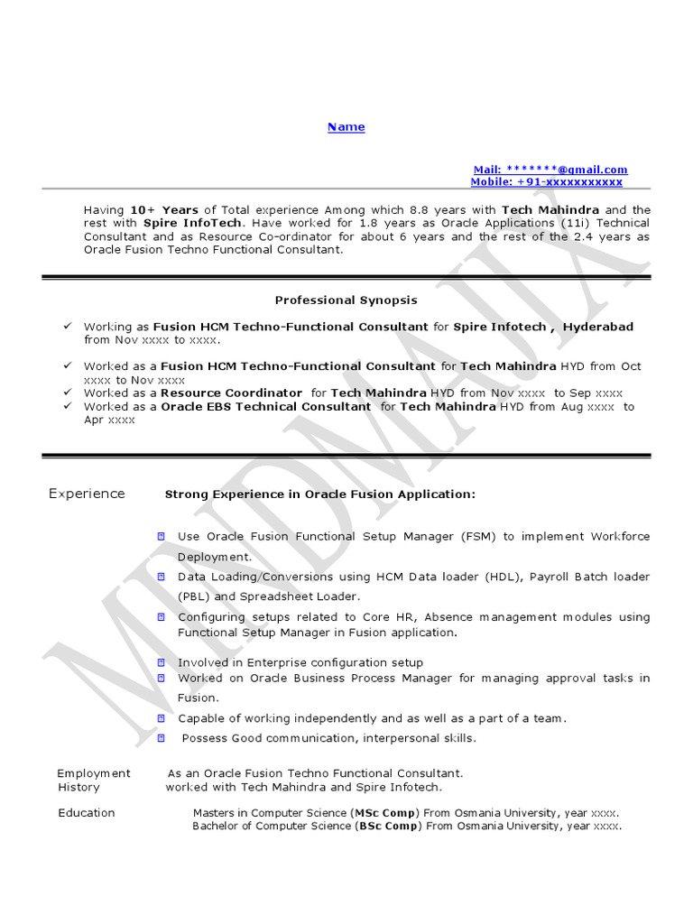 Oracle-Fusion-Hcm Sample Resume-2 | PDF | Oracle Corporation | Information Technology Management