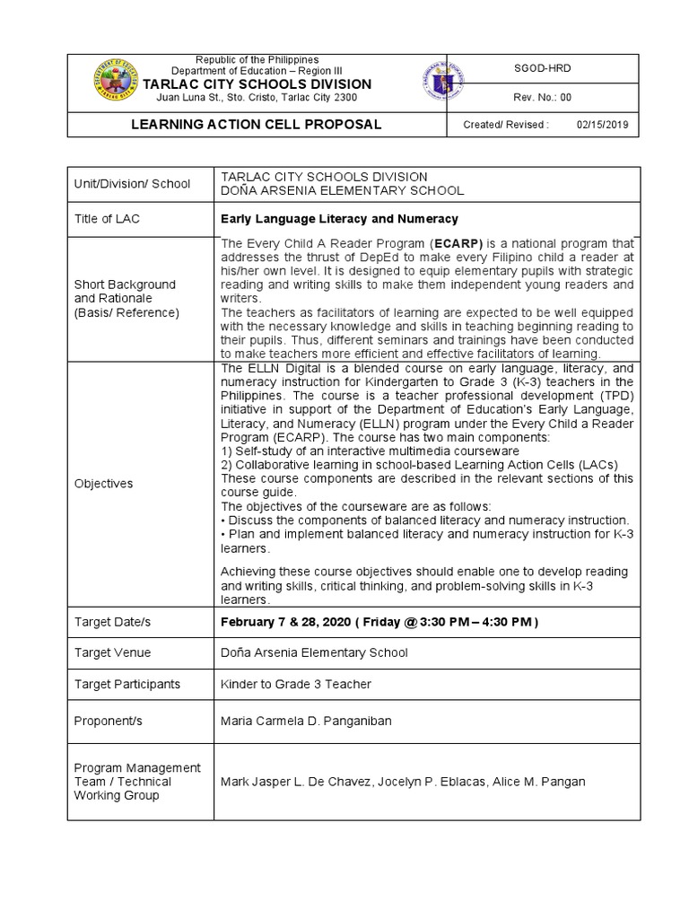Tarlac City Schools Division Learning Action Cell Proposal: Early ...