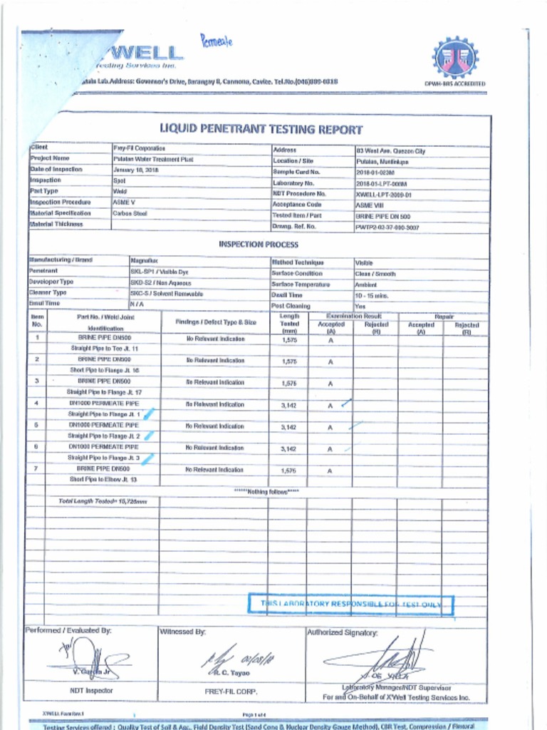 Liquid Penetrant Testing Report (Permeate) | PDF