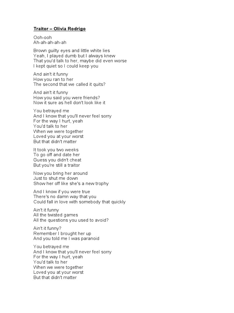 Olivia Rodrigo's "Traitor" Lyrics | PDF | Mystery, Thriller & Crime Fiction