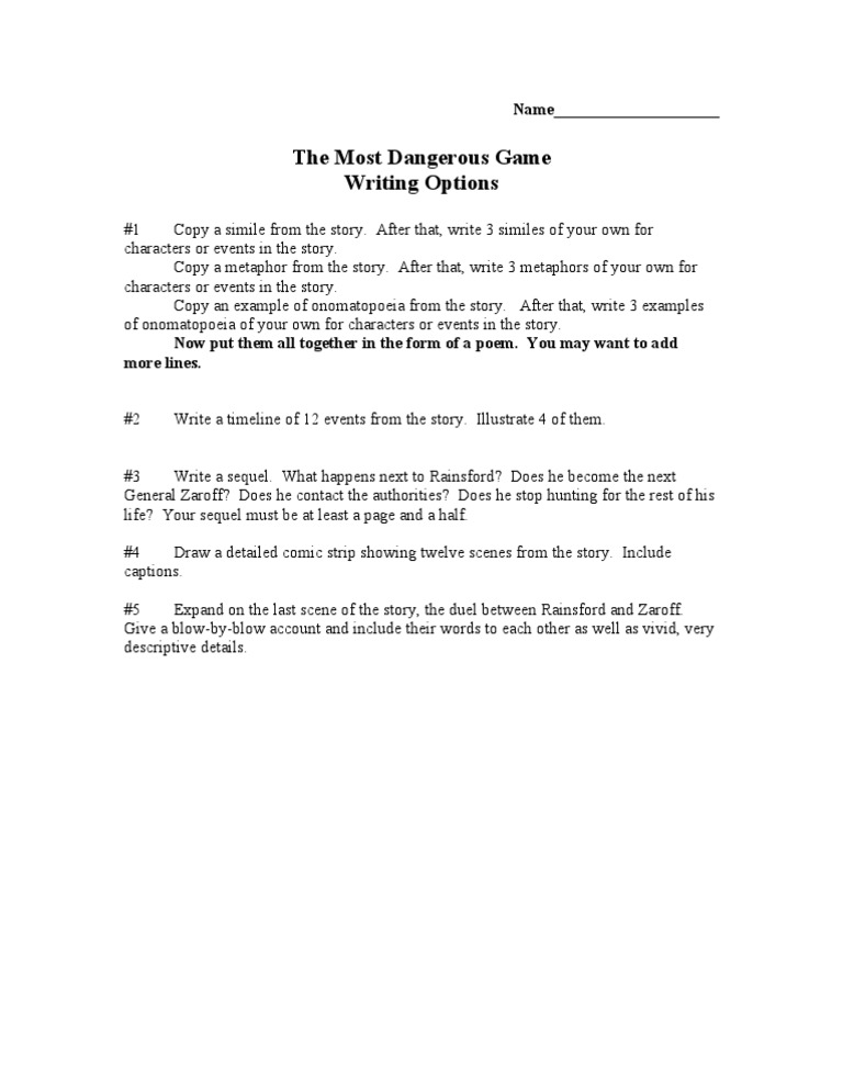 Creative Writing Activities for "The Most Dangerous Game" | PDF