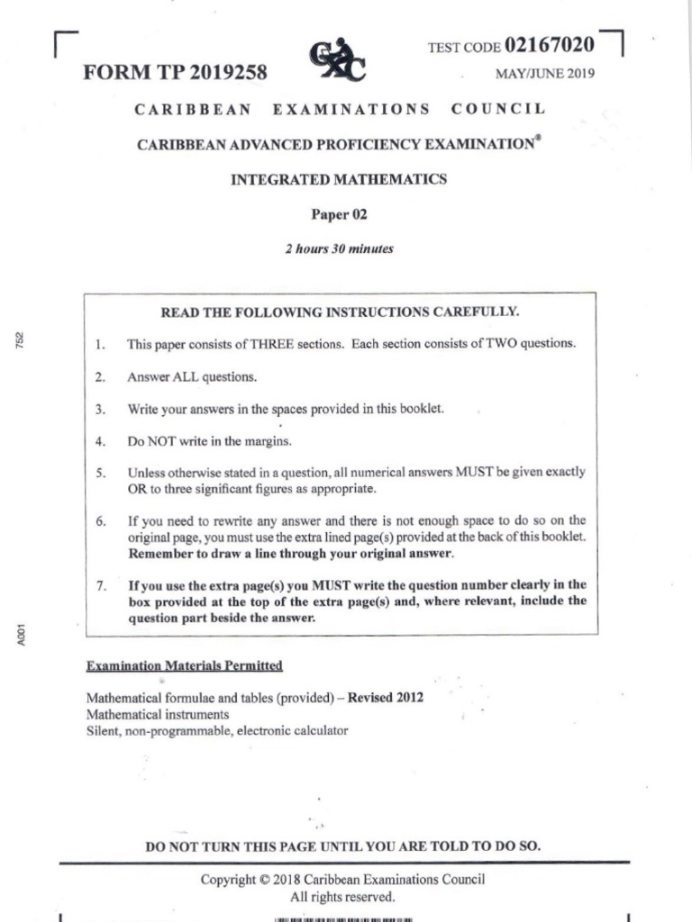 CAPE Integrated Mathematics 2019 P2 | PDF CAPE Integrated Mathematics 2019 P2 | PDF