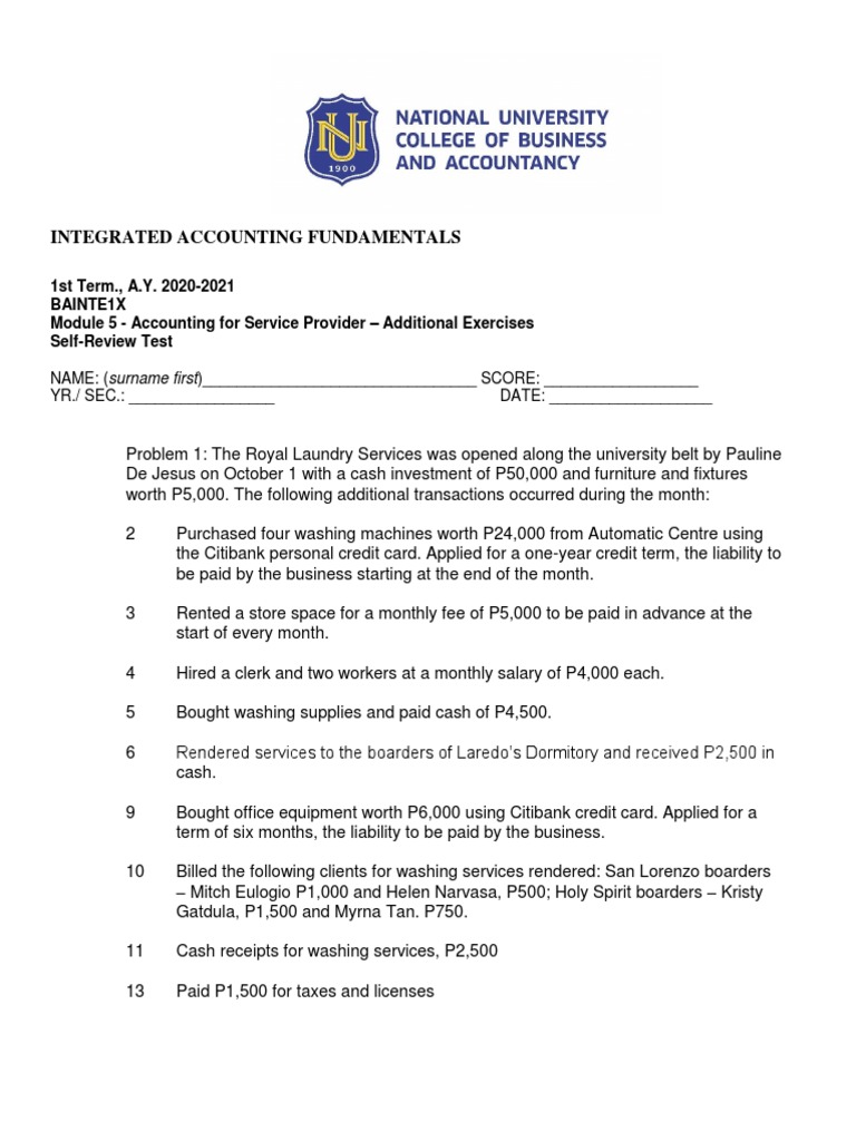 ACTIVITY 06 Accounting For A Service Provider Additional Exercises ...