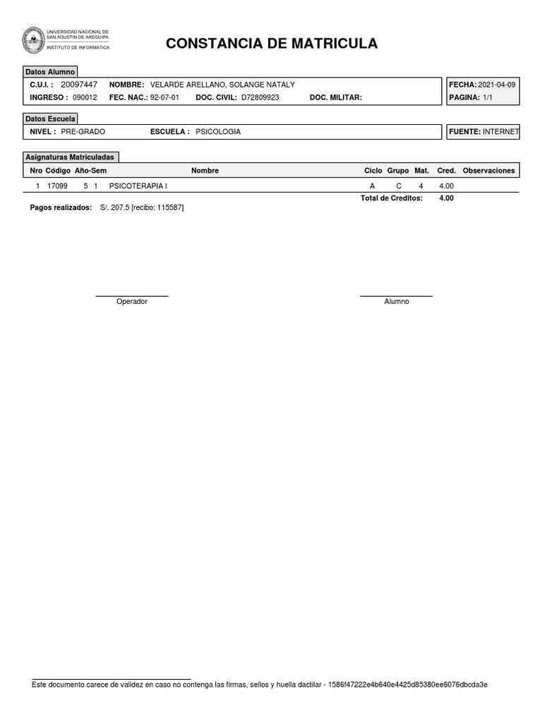 Constancia de Matrícula Universitaria | PDF