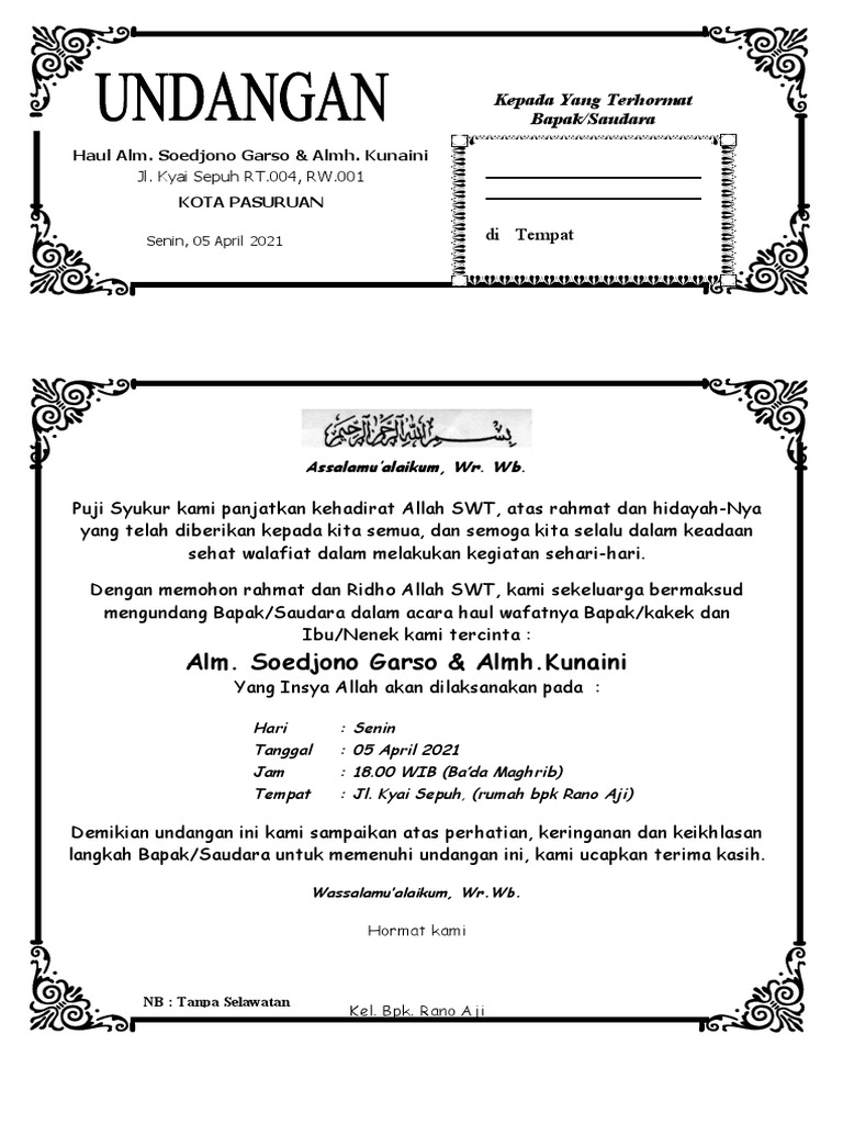 Undangan Haul Alm. Soedjono & Almh. Kunaini | PDF