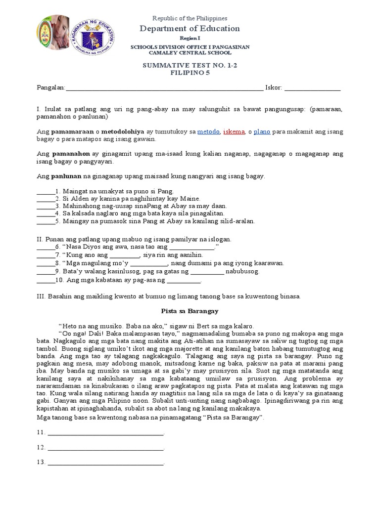 Filipino Summative Tests | PDF
