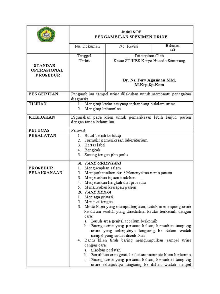 Sop Pengambilan Spesimen Urine | PDF