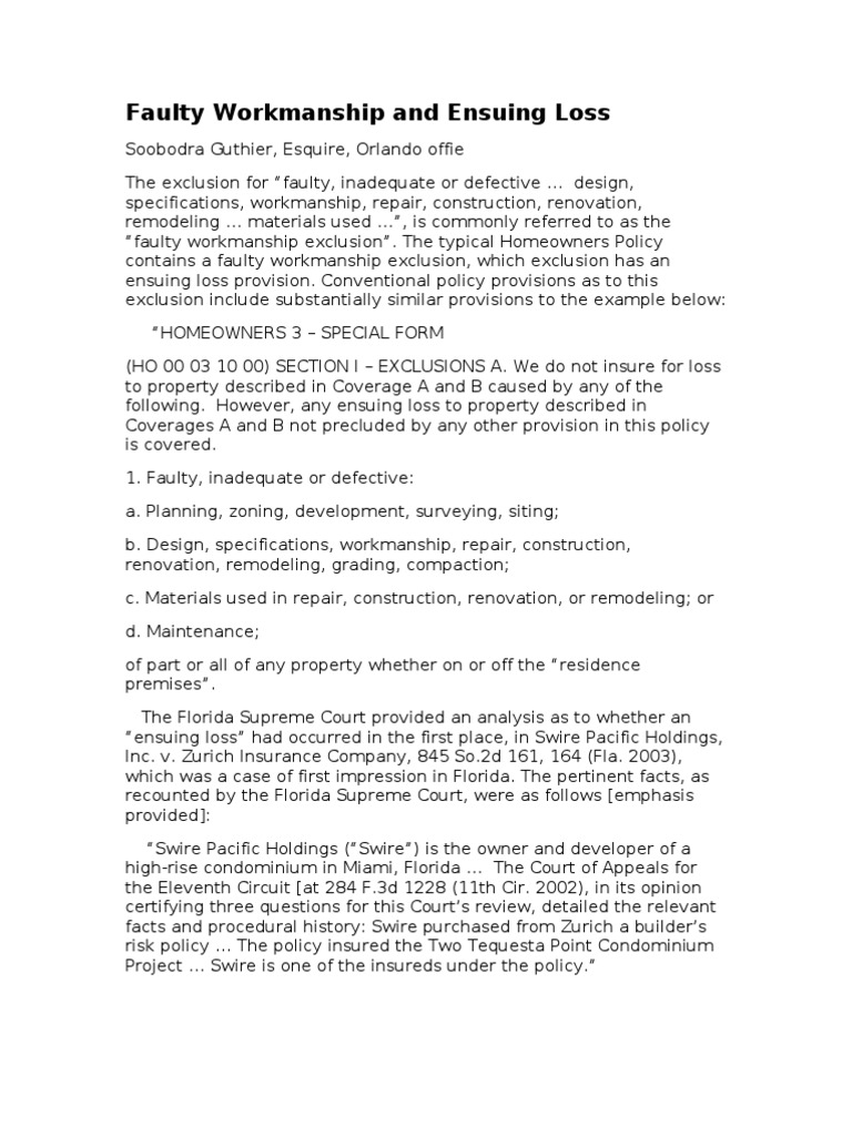 Faulty Workmanship and Ensuing Loss | PDF | Damages | Home Insurance