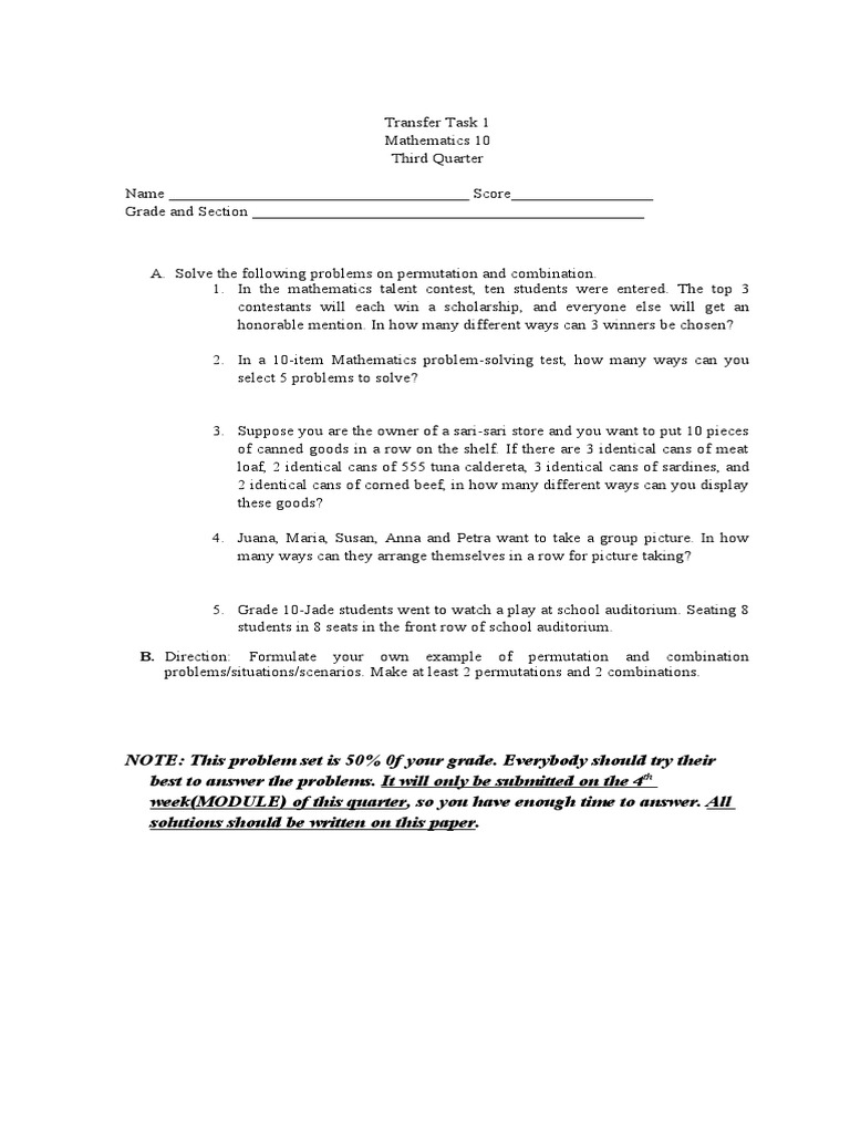 Transfer Task, Math10 3rd Quarter | PDF