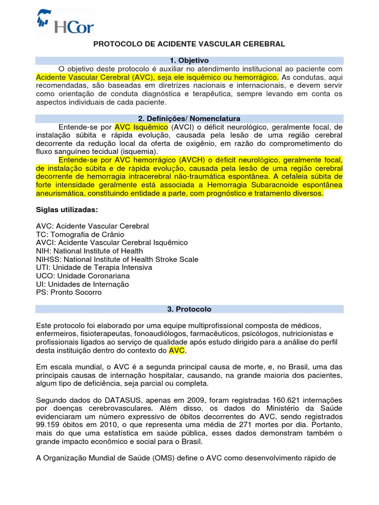 Protocolo AVC Isquemico Hemorrágico | PDF | AVC | Unidade de Tratamento ...