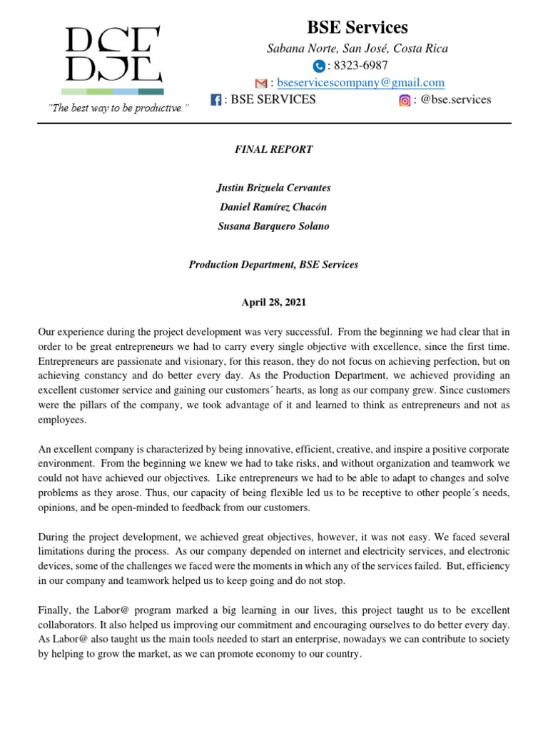 Final Report Production Department | PDF | Entrepreneurship | Economies