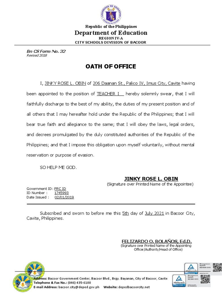 Oath of Office of Teacher Jinky Rose L. Obin for the Position of ...