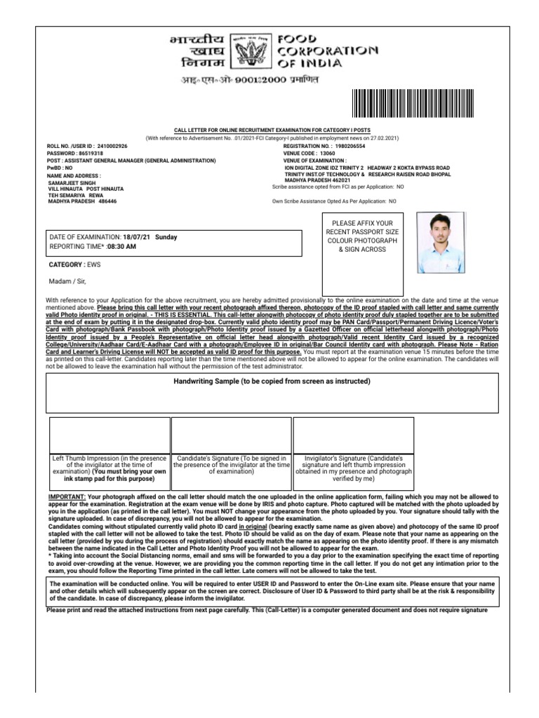 DATE OF EXAMINATION: 18/07/21 Sunday Reporting Time :08:30 Am Please ...