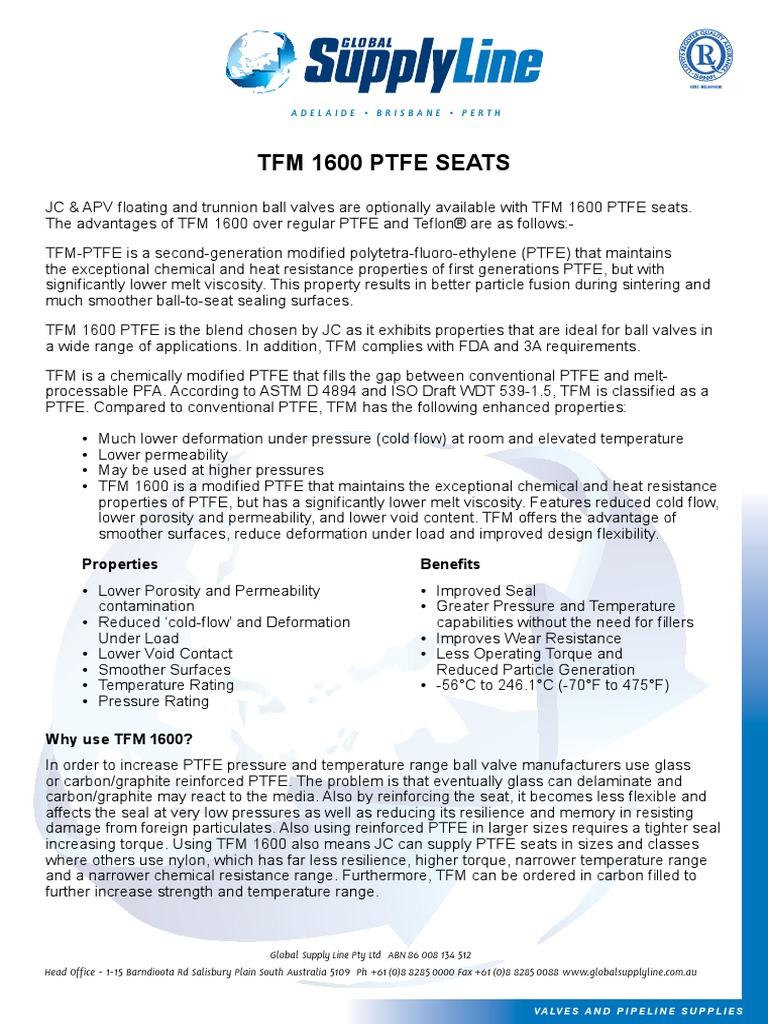 TFM 1600 Ptfe Seats: Properties Benefi Ts | PDF | Creep (Deformation) | Carbon