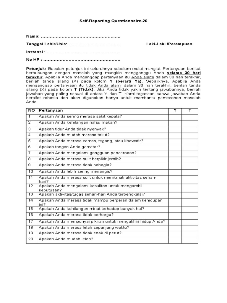 SRQ 20 Kuesioner Deteksi GME | PDF