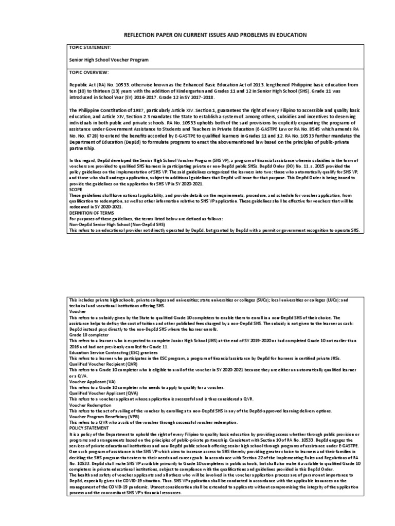 SHS Voucher Program Reflection Paper | PDF | School Voucher | College