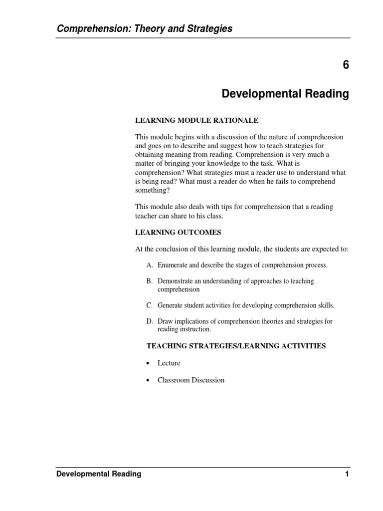 MODULE 6. Developmental Reading Topic 6. Comprehension - Theories and ...