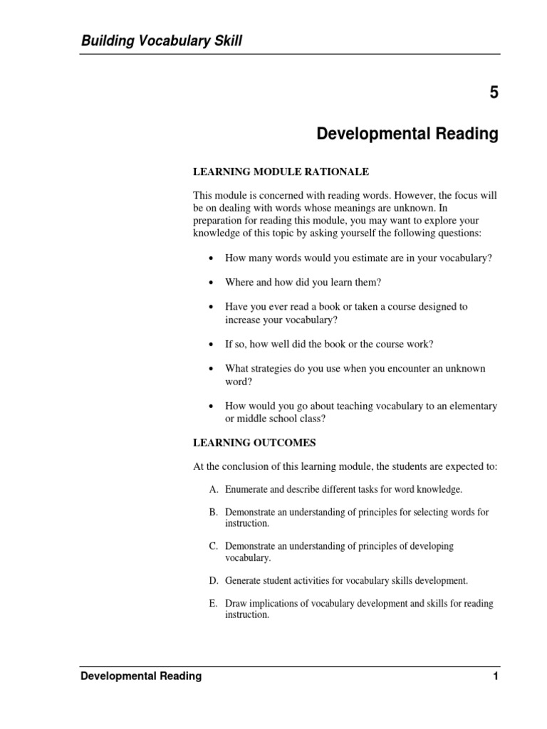 MODULE 5. Developmental Reading Topic 5. Building Vocabulary Skills ...