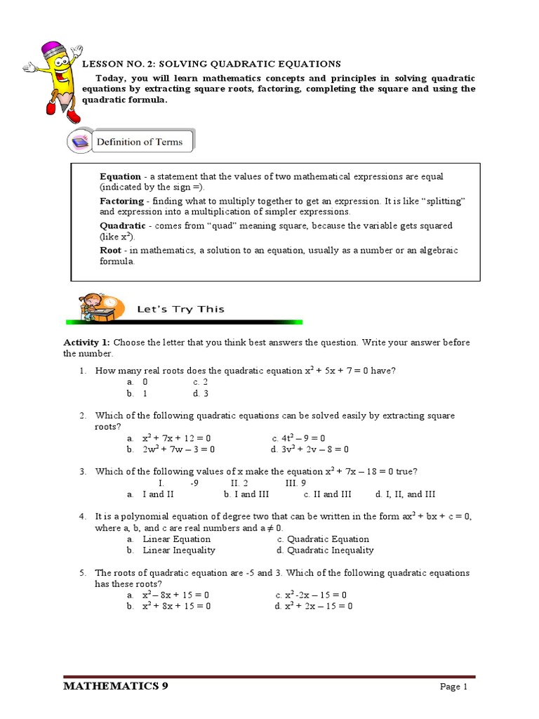 Math 9 Q1 Mod1 W1.1 | PDF | Quadratic Equation | Abstract Algebra