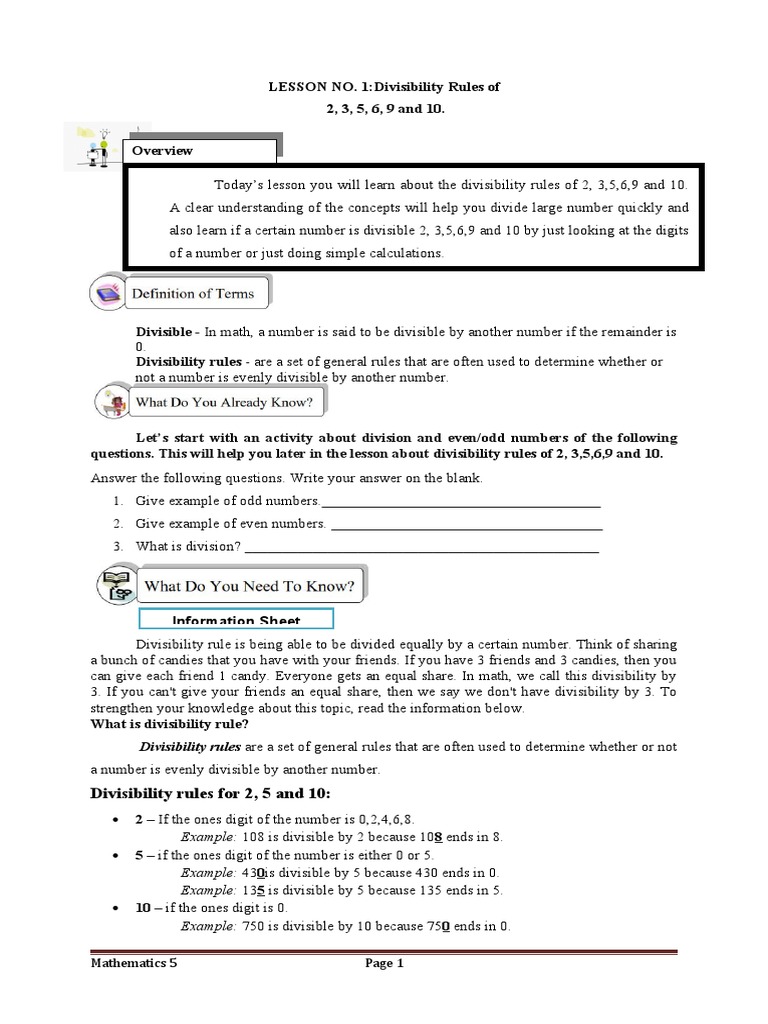 Grade 5 Divisibility Rules Lesson 1 | PDF | Numbers | Teaching Mathematics