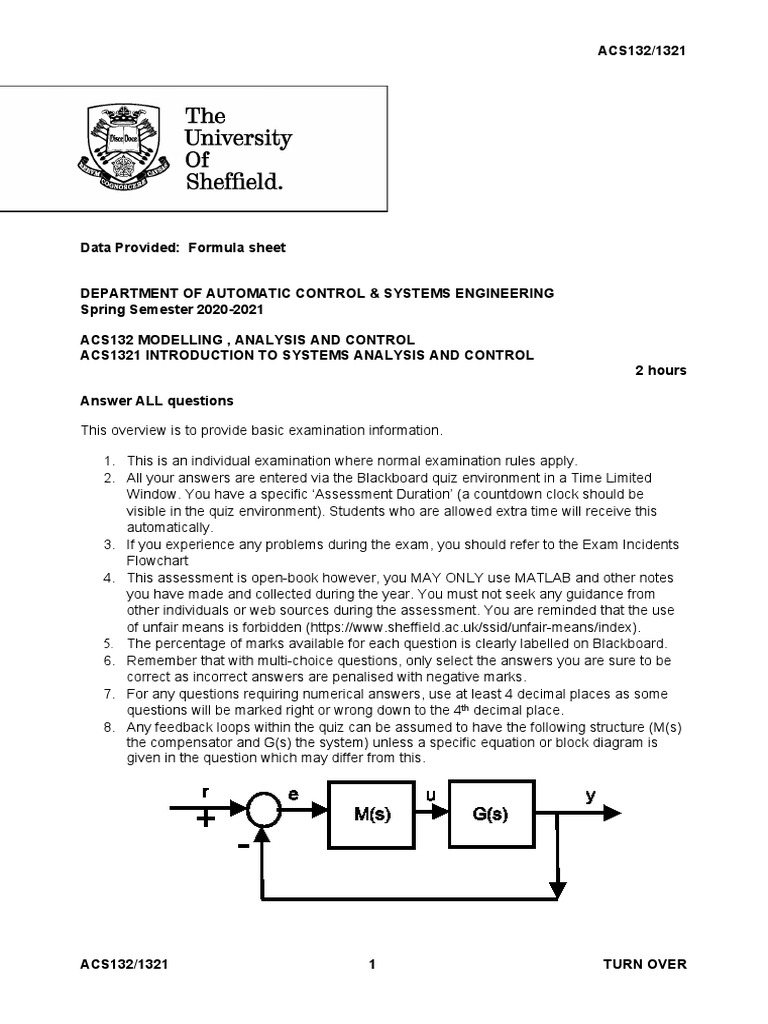Formula Sheet for ACS132/1321 Introduction to Systems Analysis and ...