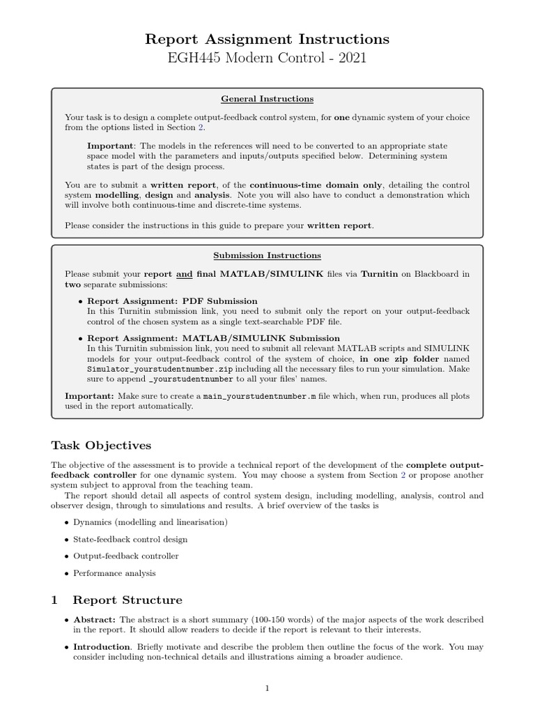 Report Assignment Instructions EGH445 Modern Control - 2021: Task ...