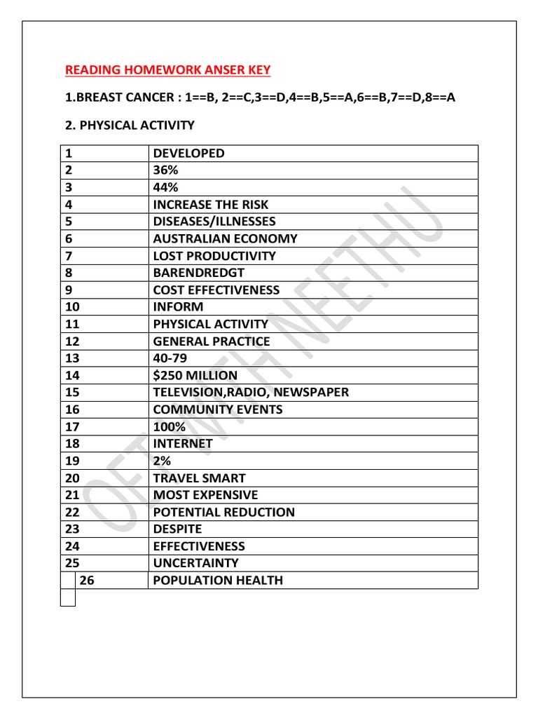 Reading Homework Anser Key | PDF | Sleep | Shift Work
