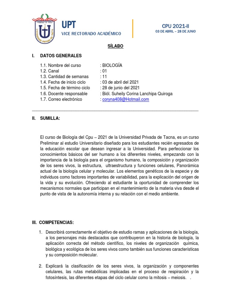 Sílabo Cpu 2021-II Biologia | PDF | Organismos | Biología