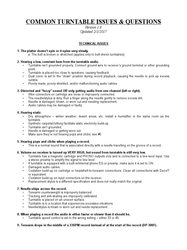 Common Turntable Issues & Questions: Updated 2/1/2017 | PDF ...