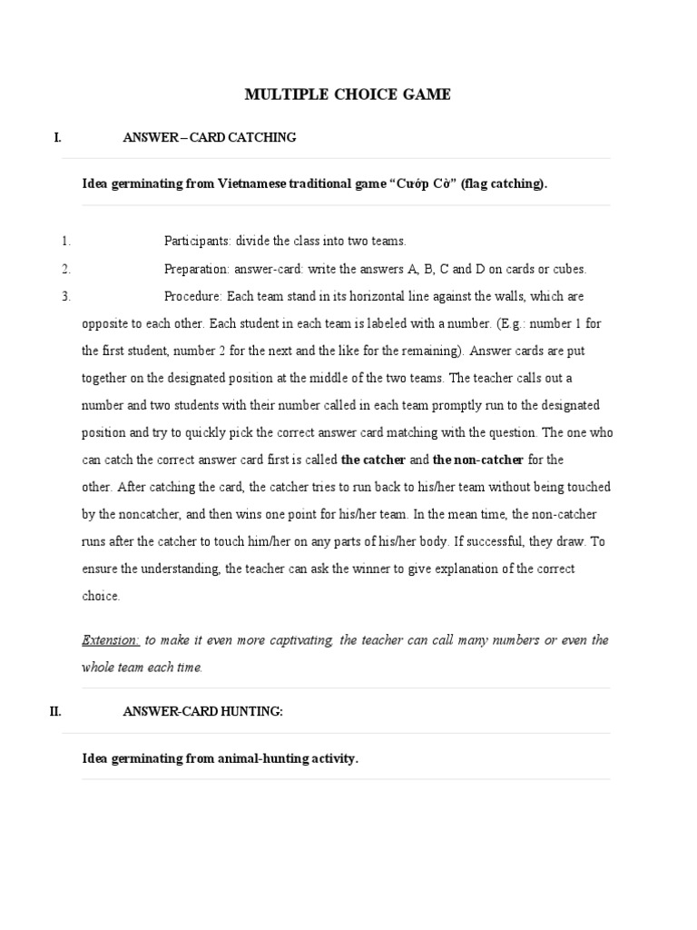 Multiple Choice Game: I. Answer - Card Catching | PDF | Multiple Choice ...