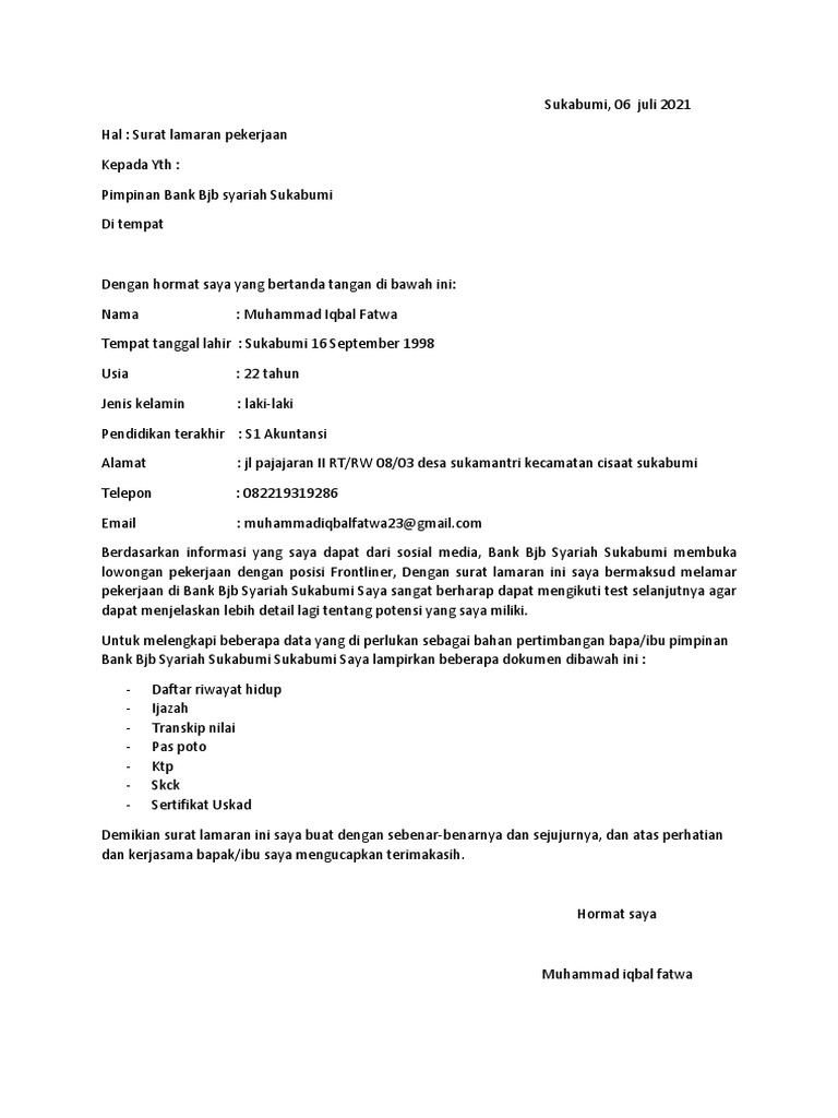 Surat Lamaran Kerja di Bank Bjb Syariah | PDF