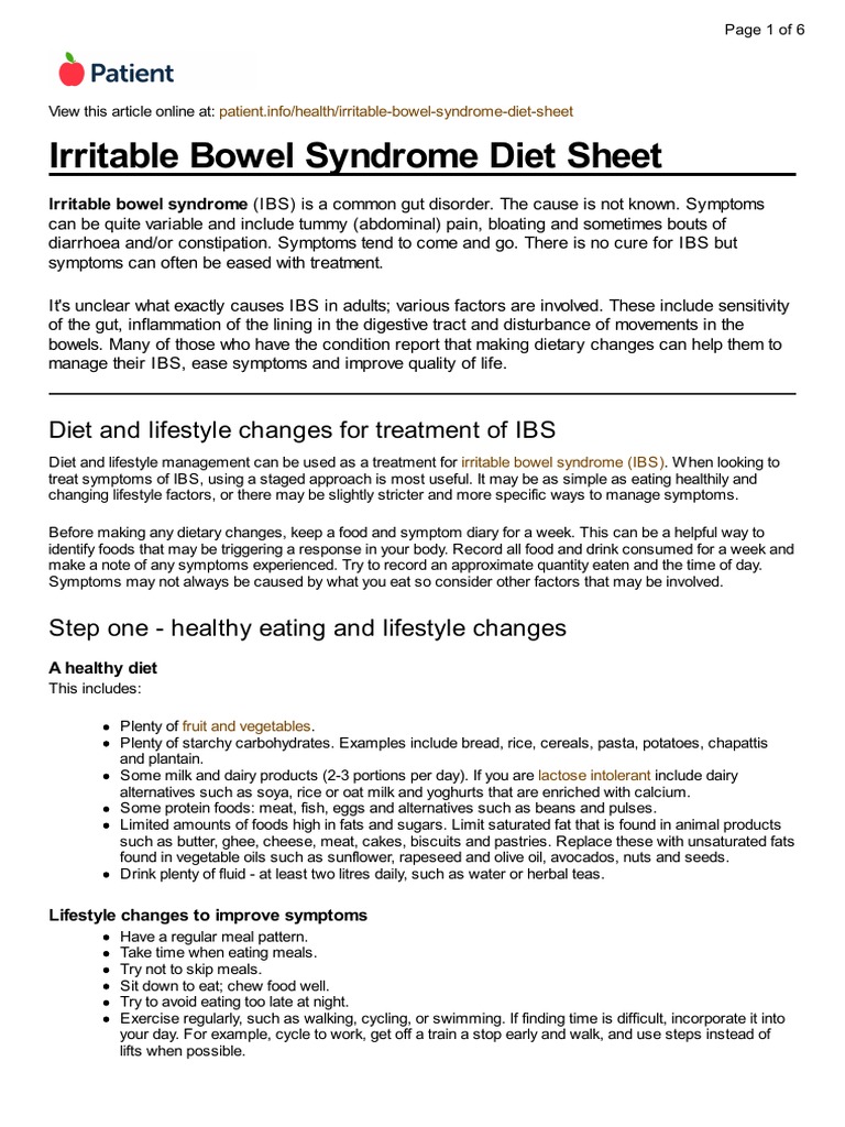 Irritable Bowel Syndrome Diet Sheet: Diet and Lifestyle Changes For ...