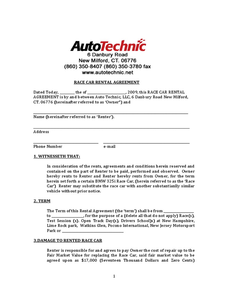 Race Car Rental Agreement Template | PDF | Renting | Common Law
