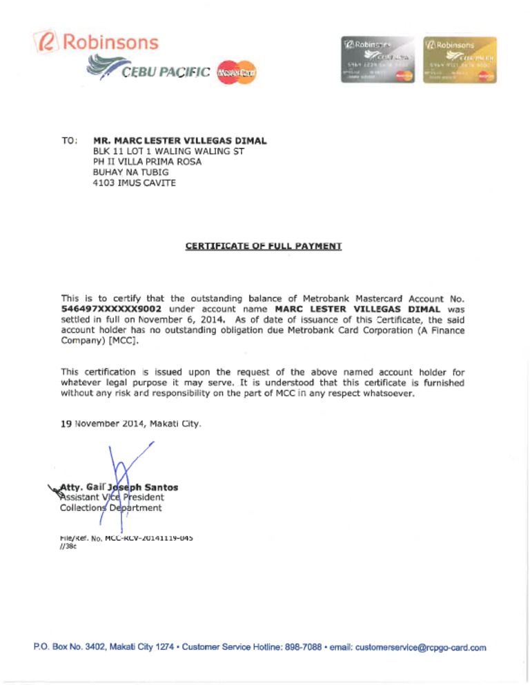 Metro Bank - Certificate of Full Payment | PDF
