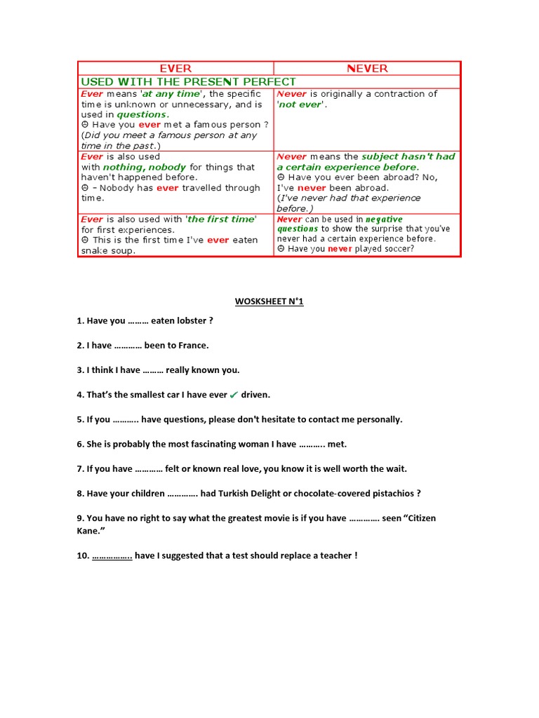 EVER-NEVER Worksheet | PDF