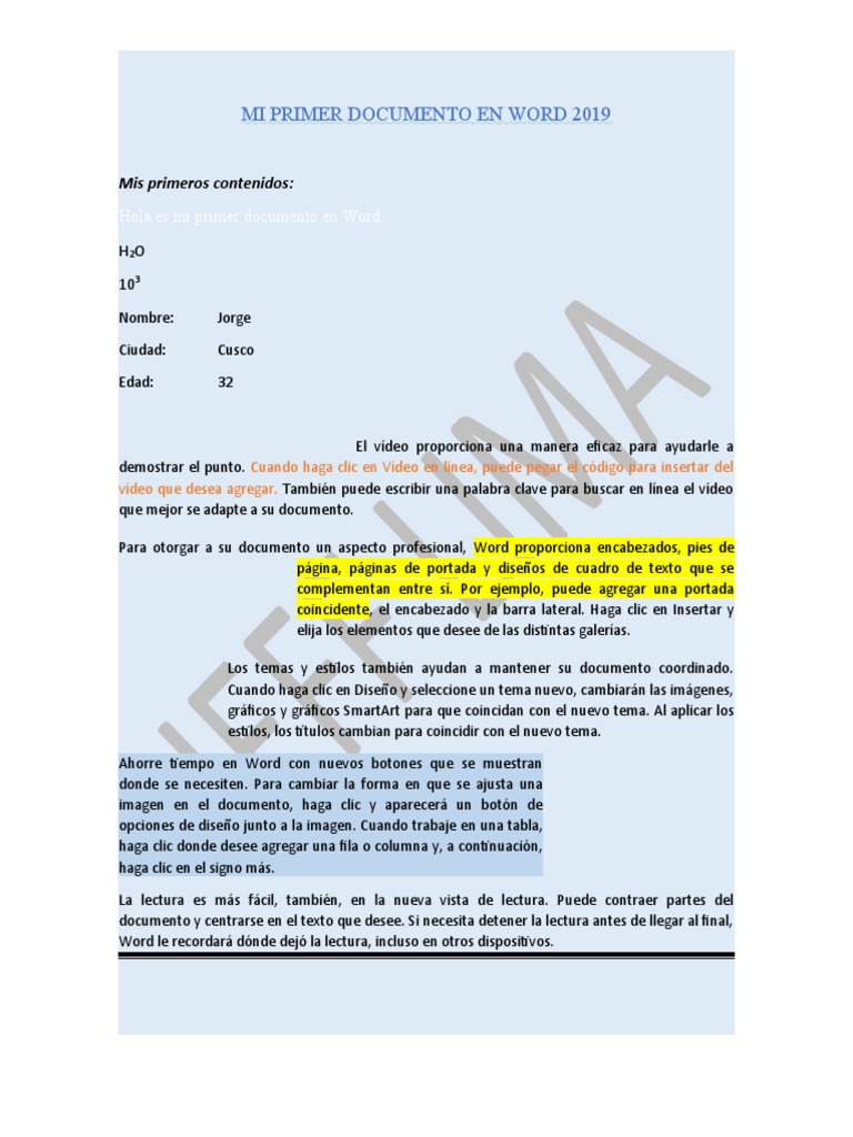 Mi Primer Documento en Word 2019 | PDF | Vídeo | Microsoft Word