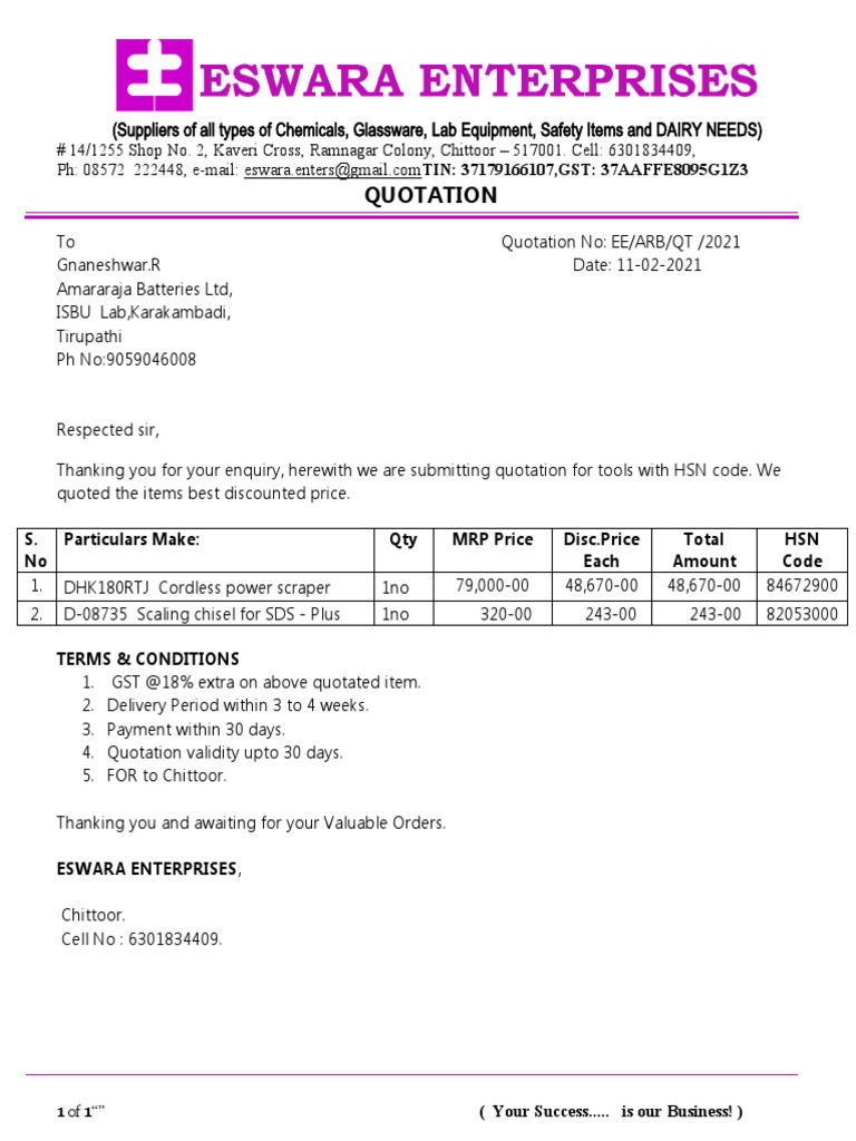 Quotation: (Suppliers of All Types of Chemicals, Glassware, Lab Equipment, Safety Items and ...