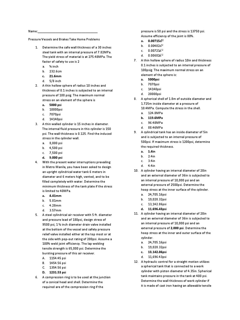 Pressure Vessel and Brakes Take Home Problems | PDF | Stress (Mechanics ...
