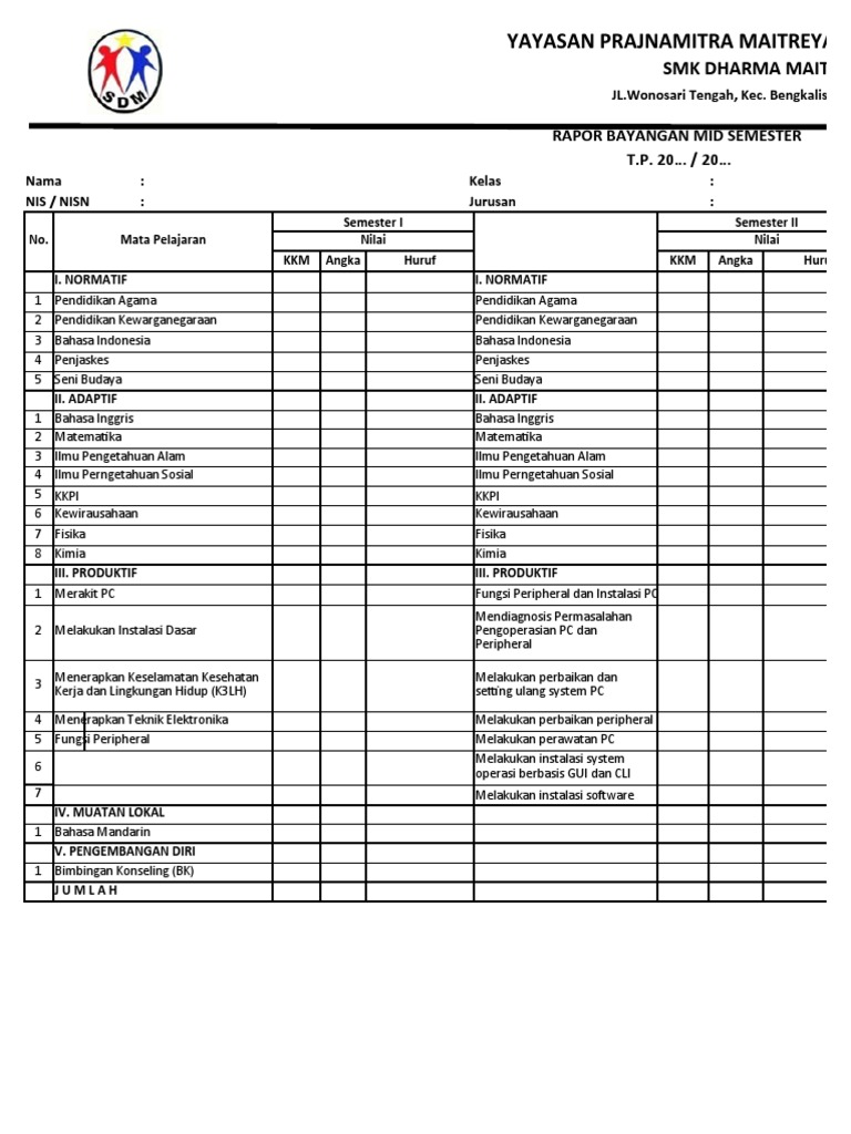Format Rapor Mid SMK | PDF
