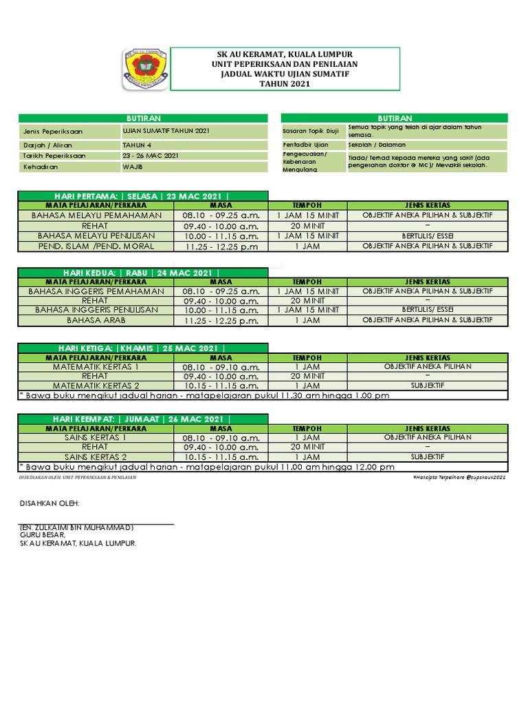 Jadual Ujian Sumatif Tahun 2021 | PDF