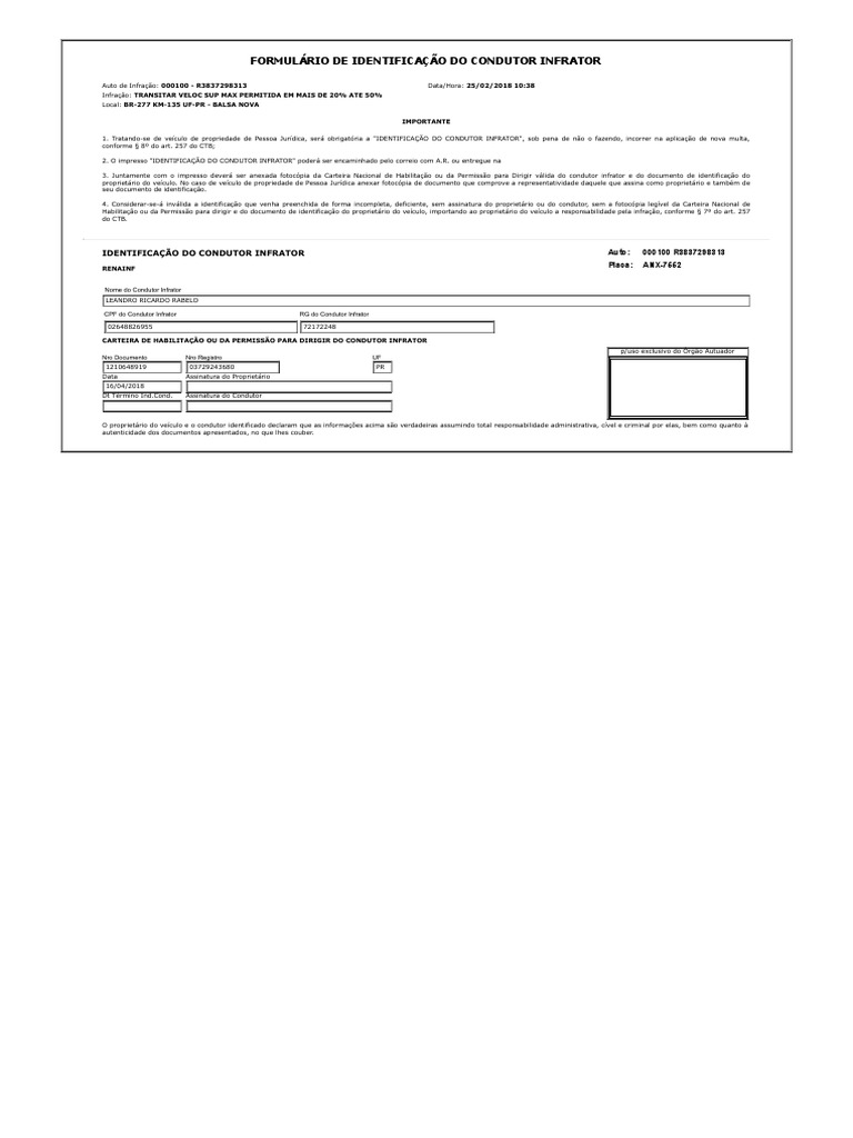 Formulário de Identificação Do Condutor - DeTRAN | PDF | Carteira de ... Formulário de Identificação Do Condutor - DeTRAN | PDF | Carteira de ...