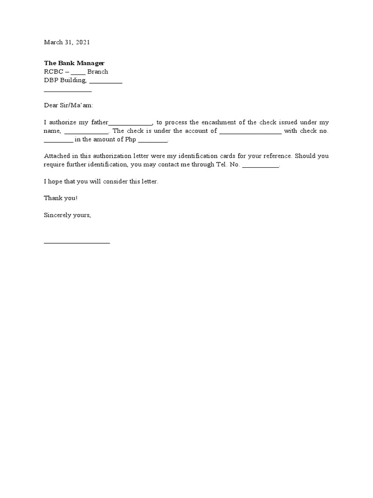 RCBC Cheque Encashment Authorization Letter | PDF | Finance & Money ...