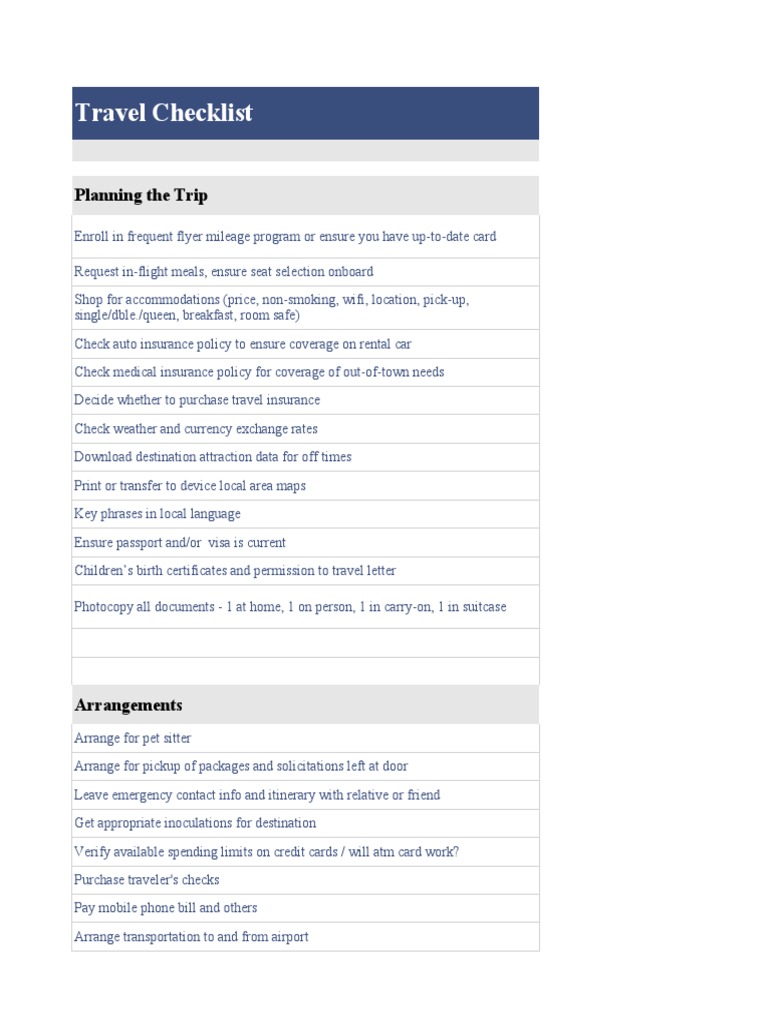 Travel Checklist Template For Excel | PDF | Baggage | Laptop