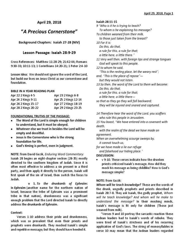 April 29, 2018 Isaiah 28 The Precious Cornerstone | PDF | Isaiah | Book ...