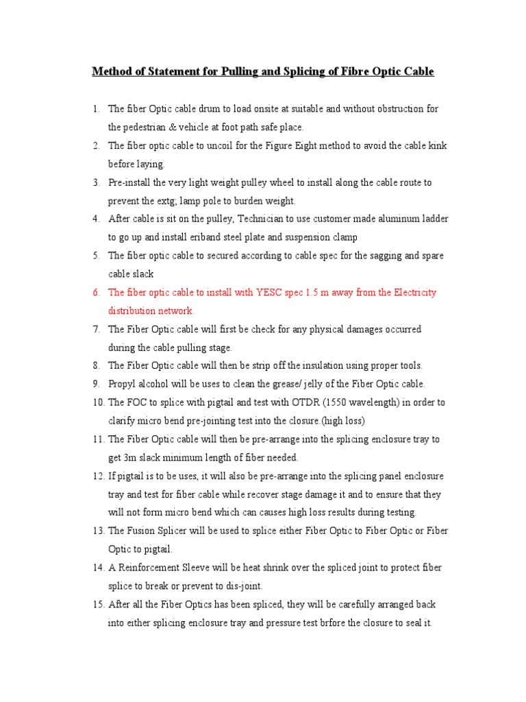1.method of Statement For Splicing of Fibre Optic Cable | PDF | Home ...
