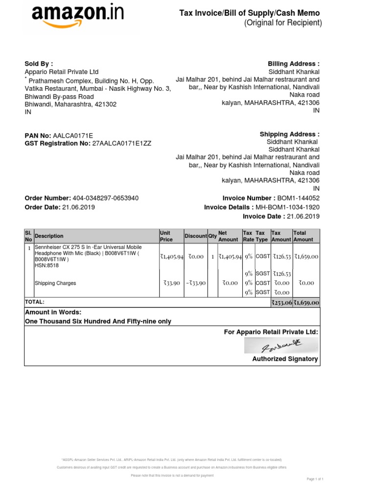 Tax Invoice/Bill of Supply for Headphones Sold to Siddhant Khankal by ...
