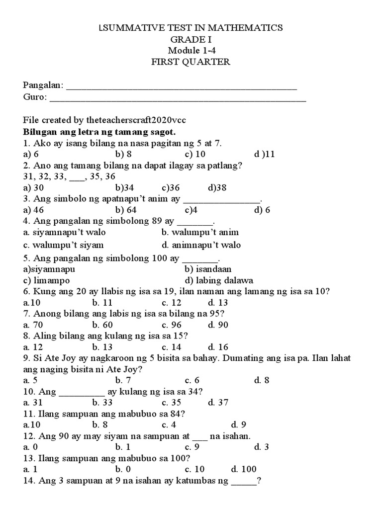 Summative Test in Mathematics | PDF